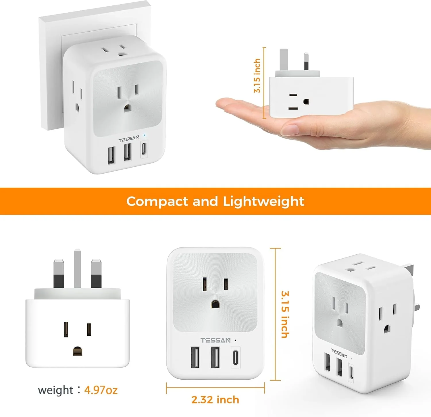 Buy TESSAN Type G Plug Adapter 4 Electrical Outlet + USB Ports ...