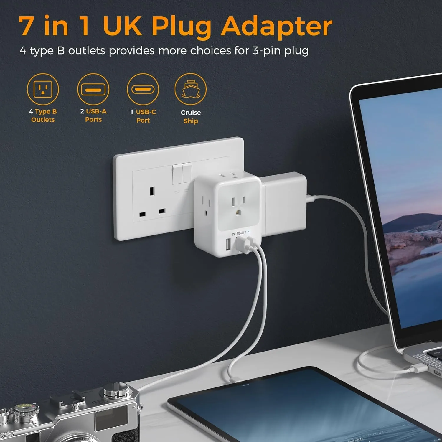 Buy TESSAN Type G Plug Adapter 4 Electrical Outlet + USB Ports ...